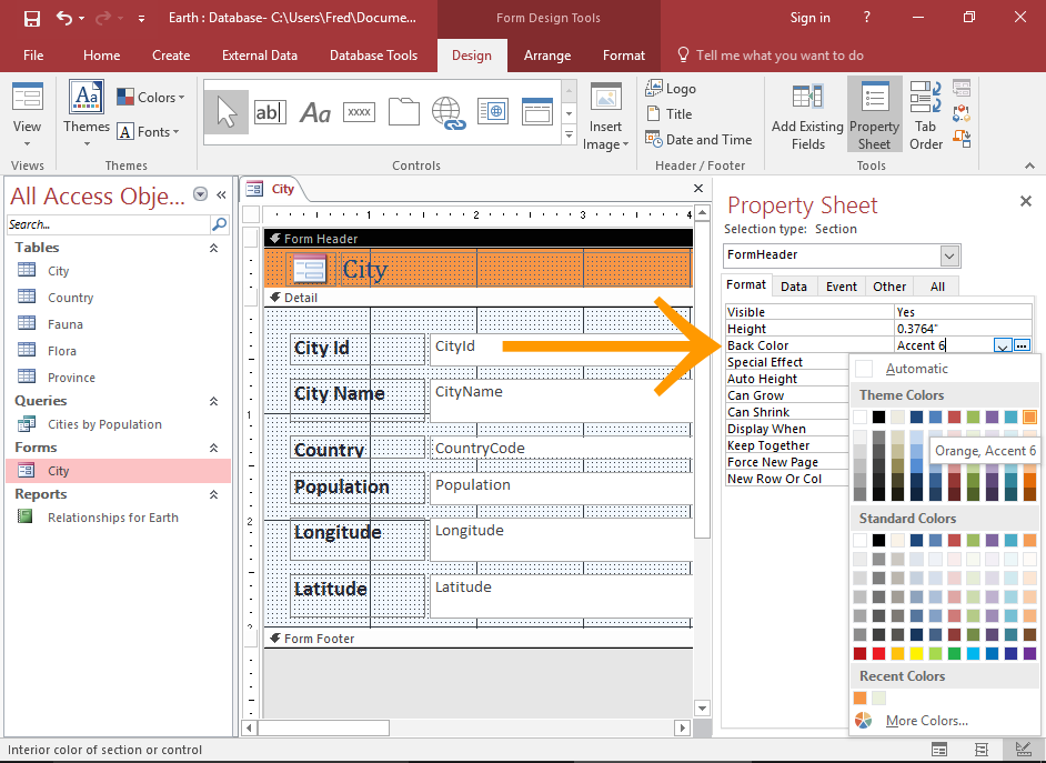 How to Change a Form Header's Background Color in Access 2016