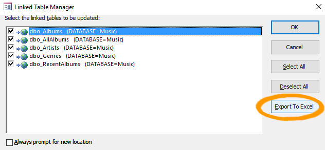 How to Export a list of Linked Tables to Excel from Access 2016