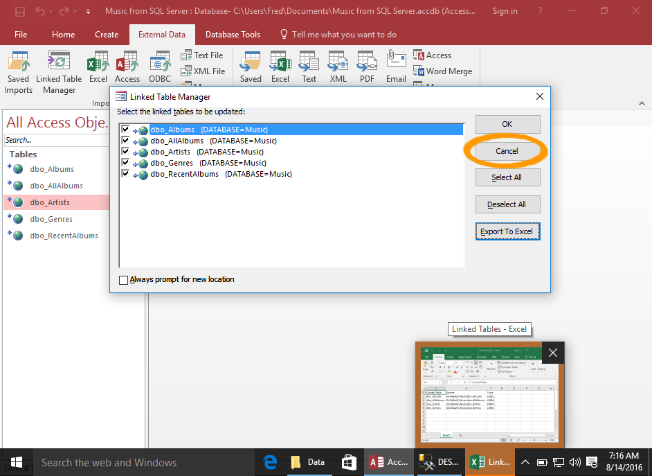 How to Export a list of Linked Tables to Excel from Access 2016