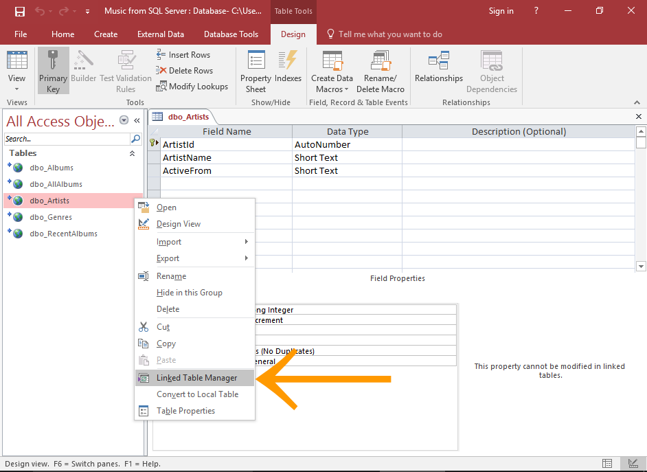 How to use the Linked Table Manager in Access 2016