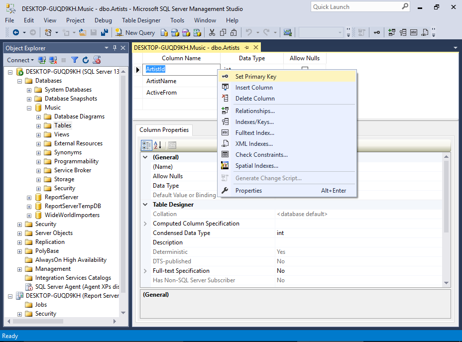 SQL Server 2016: Create a Table